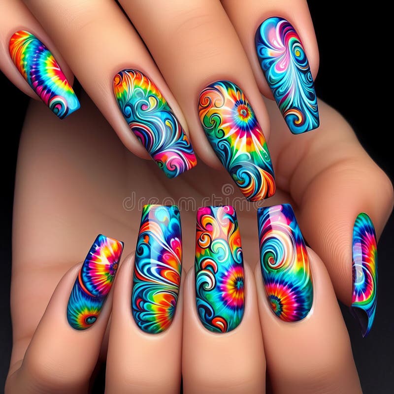 Nails Painted To Resemble a Psychedelic Tie Dye Pattern, with Stock ... Nails Painted To Resemble a Psychedelic Tie Dye Pattern, with Stock ...