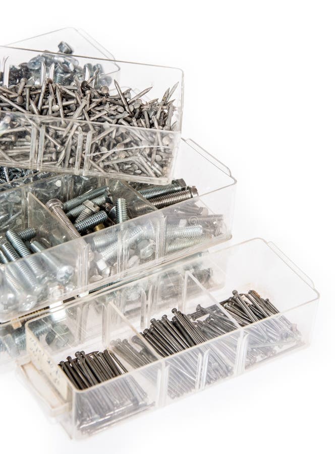 Screws and Nails in boxes stock image. Image of collection - 26991221
