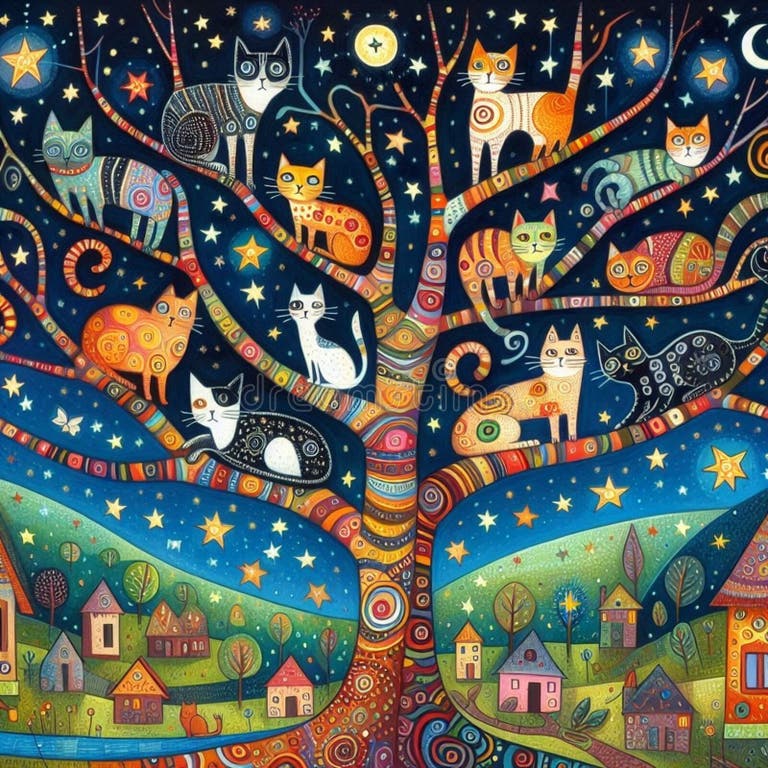 Naive Art Style Image of Cats in the Tree Under and Starry Night Sky ...