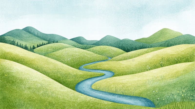 Naive Art Style Landscape Featuring Rolling Green Hills and a Winding ...