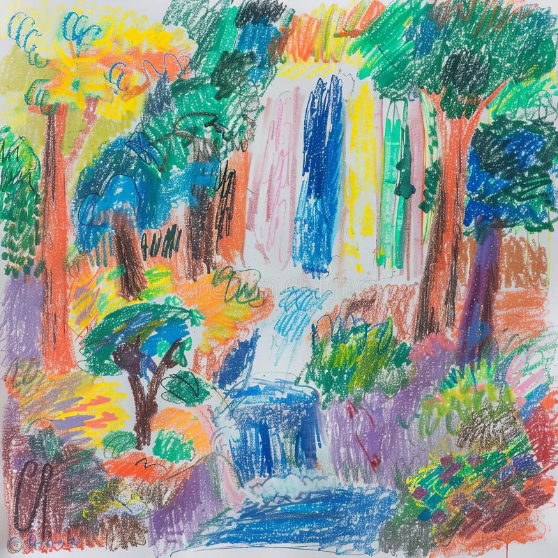 Naive Children S Drawing of Forest with Waterfall, Stock Image - Image ...
