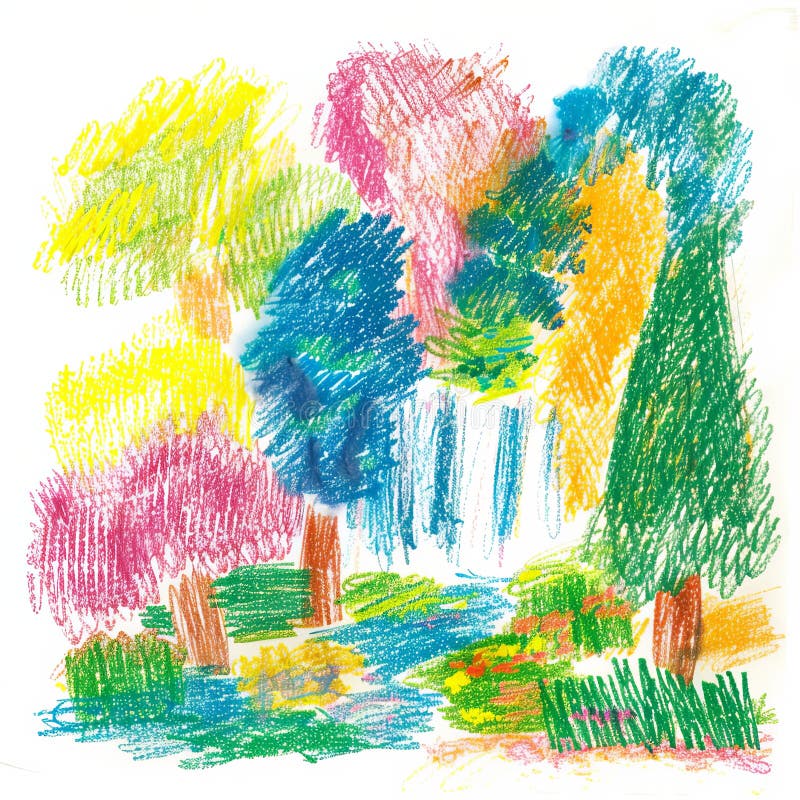 Naive Children S Drawing of Forest with Waterfall, Stock Image - Image ...