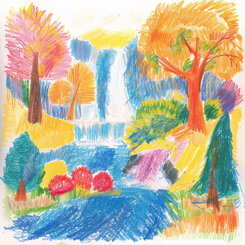 Naive Children S Drawing of Forest with Waterfall, Stock Photo - Image ...