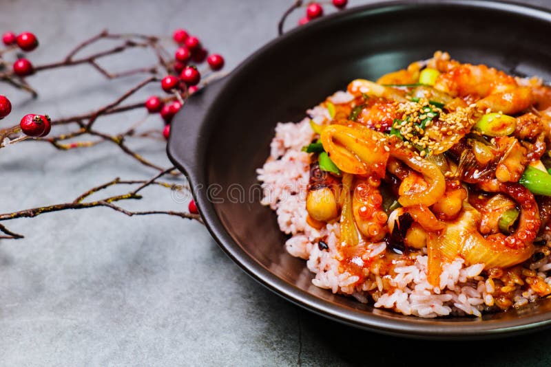 Nakjideopbap, Korean Style Spicy Stir-fried Octopus Over Rice Stock ... Nakjideopbap, Korean Style Spicy Stir-fried Octopus Over Rice Stock ...