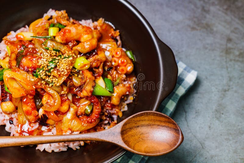 Nakjideopbap, Korean Style Spicy Stir-fried Octopus Over Rice Stock ... Nakjideopbap, Korean Style Spicy Stir-fried Octopus Over Rice Stock ...