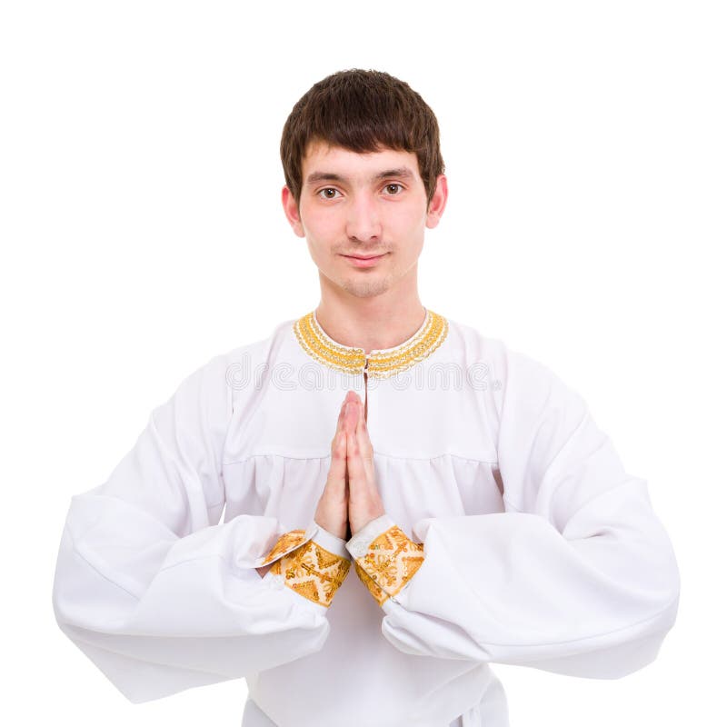 Namaste. Praying Man on a Blue Background. Stock Photo - Image of ...
