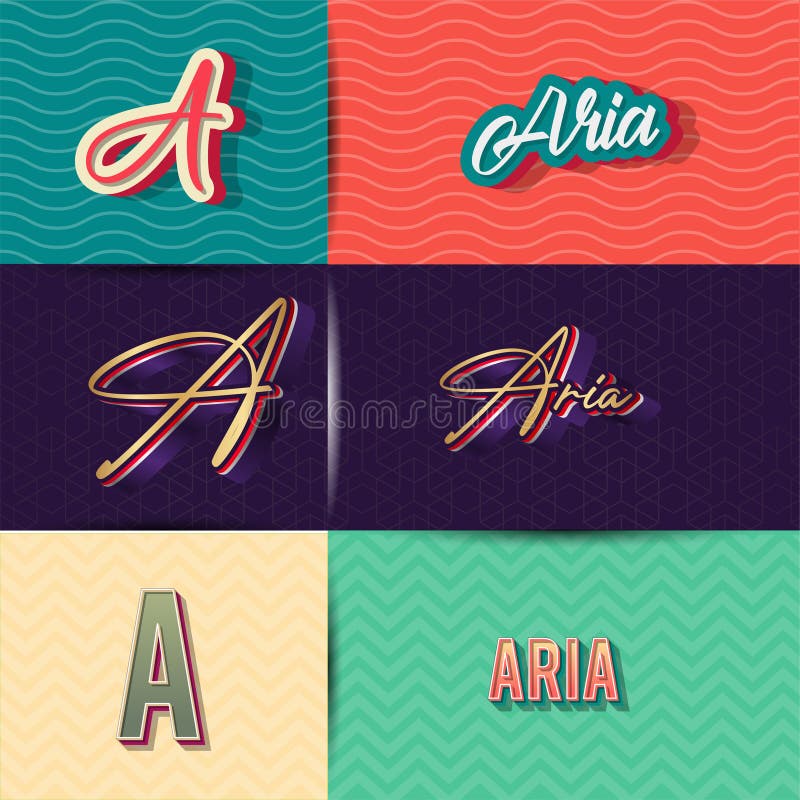 Name Aria in Various Retro Graphic Design Elements, Set of Vector Retro ...
