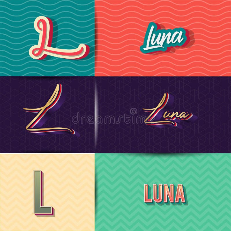 Name Luna in Various Retro Graphic Design Elements, Set of Vector Retro ...