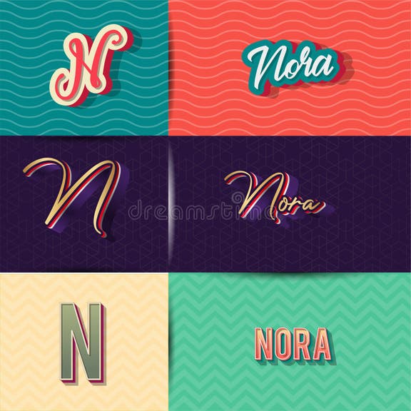 Name Nora in Various Retro Graphic Design Elements, Set of Vector Retro ...
