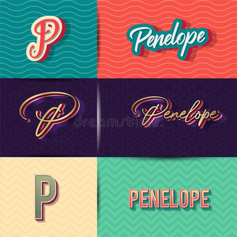 Name Penelope in Various Retro Graphic Design Elements, Set of Vector ...