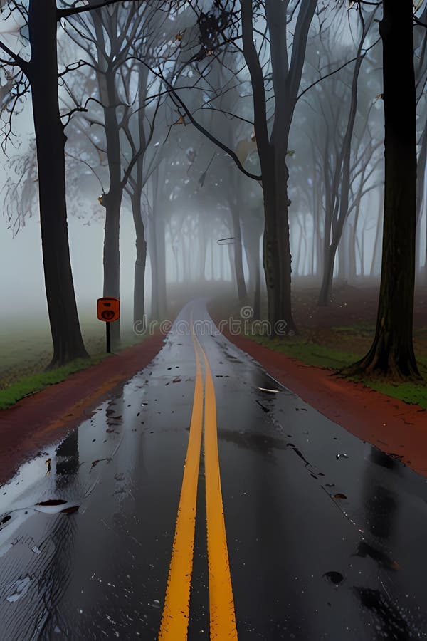 A Name on Road Raining and Around Fog and Trees -1 Stock Illustration ...