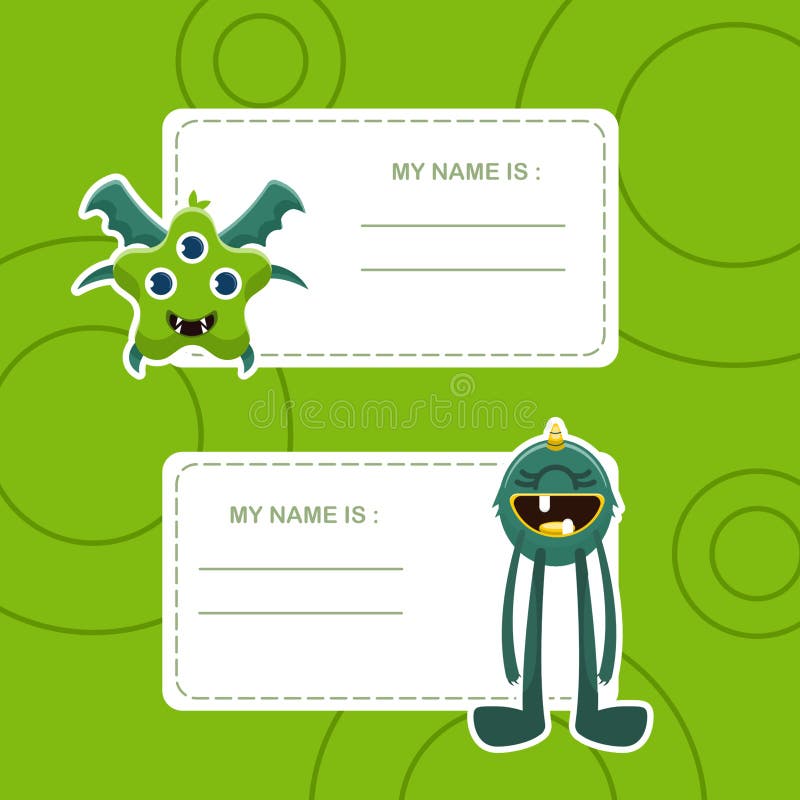 Name Tag with Green Cute Funny Monster Character with Friendly Face ...