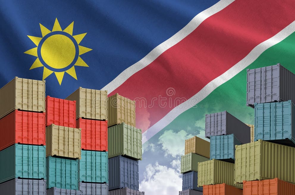Namibia Flag and Big Stack of Shipping Cargo Containers in Docks with ...