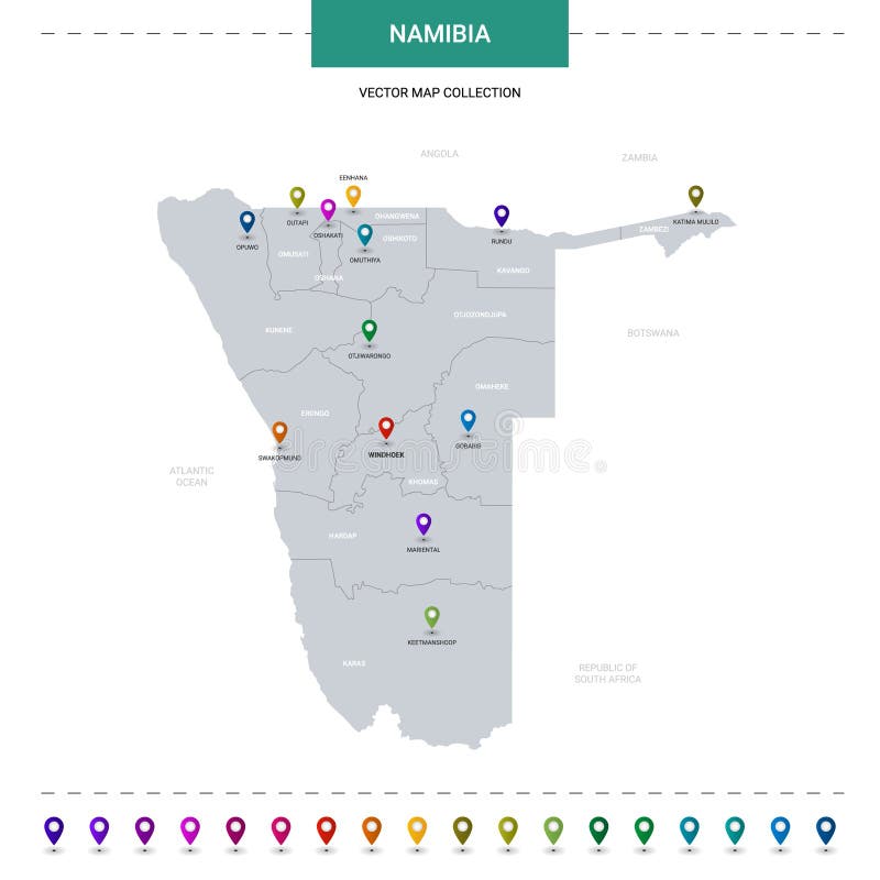 Namibia Map with Location Pointer Marks. Stock Vector - Illustration of ...