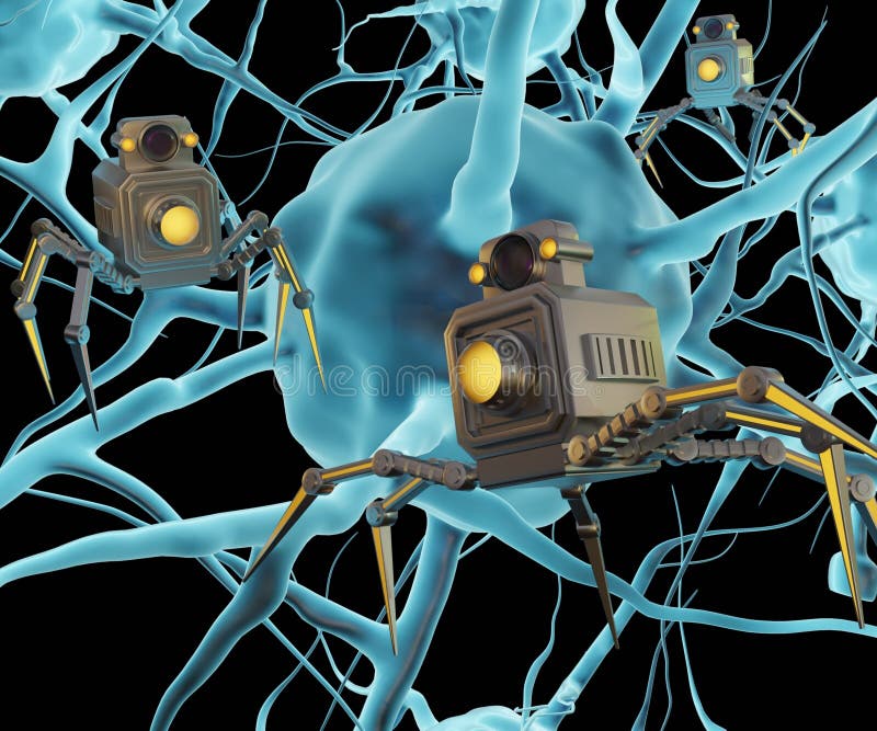Nanobots with Camera and Front Light in the Brain Cells Stock ...