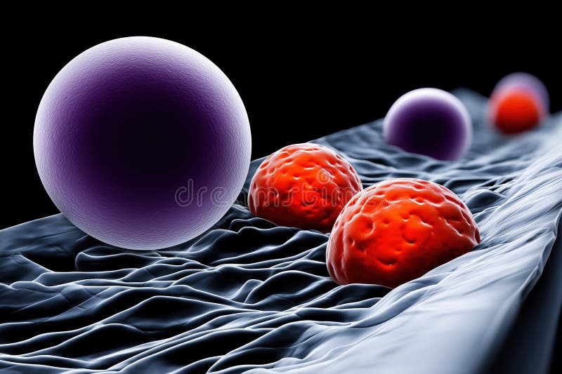 Nanomaterial with Red and Purple Particles. 3D Rendering for Advanced ...