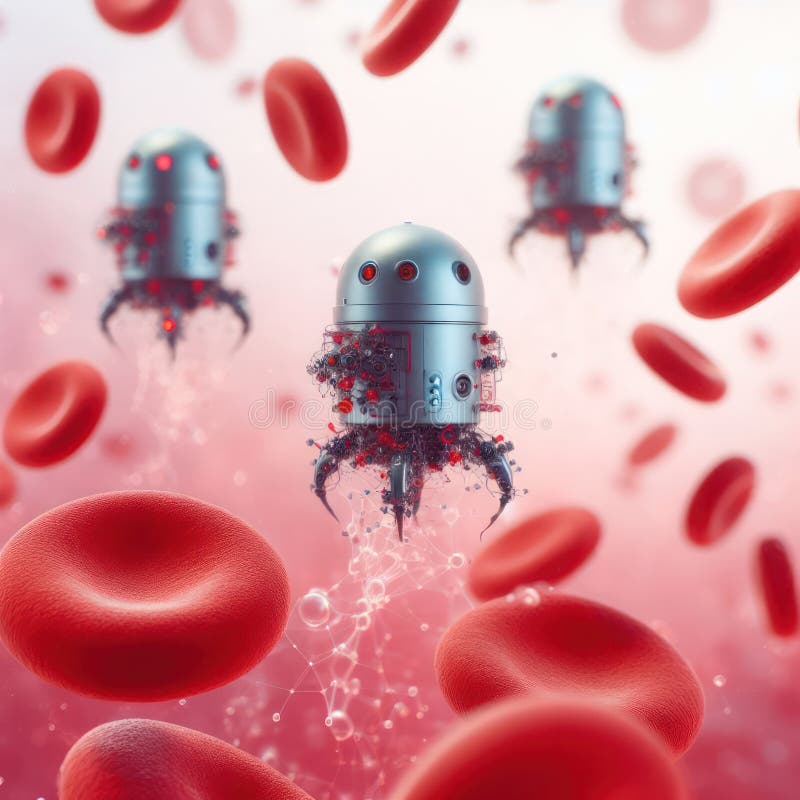 Nanorobots Flying among Red Blood Cells. Stock Illustration ...