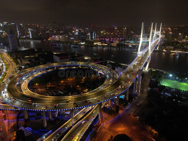 Nanpu bridge at night stock image. Image of night, bridge - 275874707