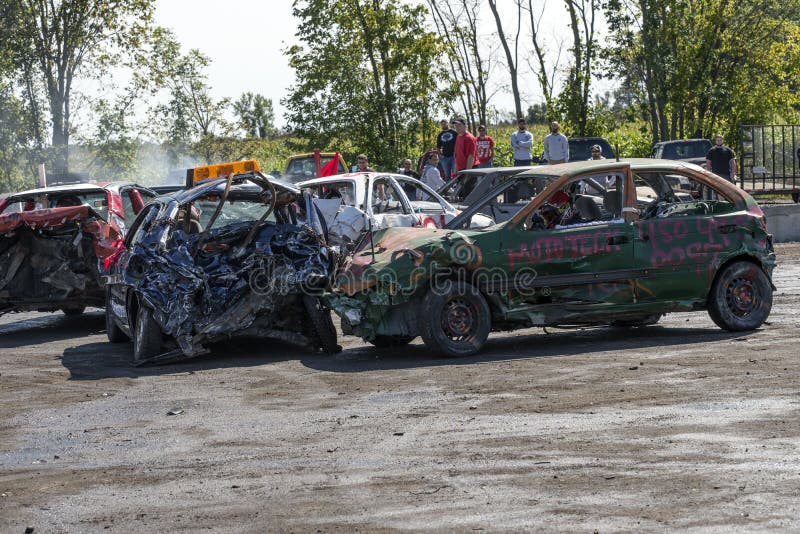 Wrecked Cars in Action during Demolition Derby Editorial Photography ...