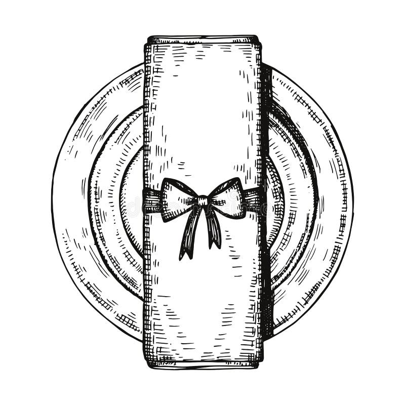 Napkin with Bow on Plate with Hand Drawing Stock Vector - Illustration ...