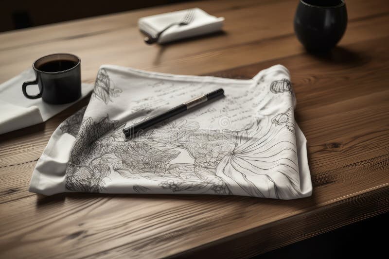 Napkin with Drawing in Black Pen at a Wooden Table Stock Illustration ...