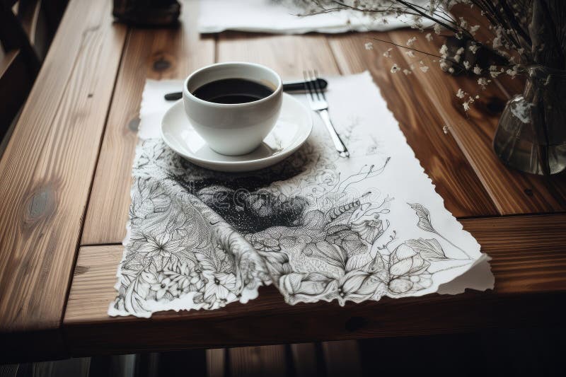 Napkin with Drawing in Black Pen at a Wooden Table Stock Illustration ...
