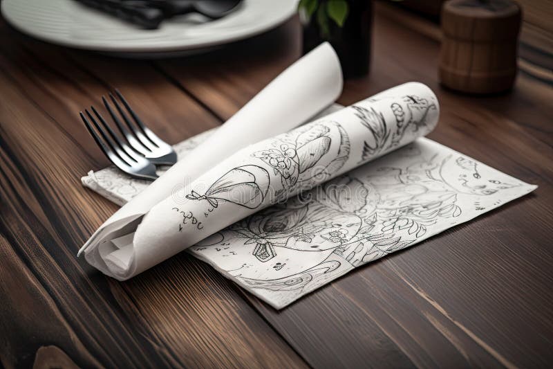 Napkin with Drawing in Black Pen at a Wooden Table Stock Illustration ...