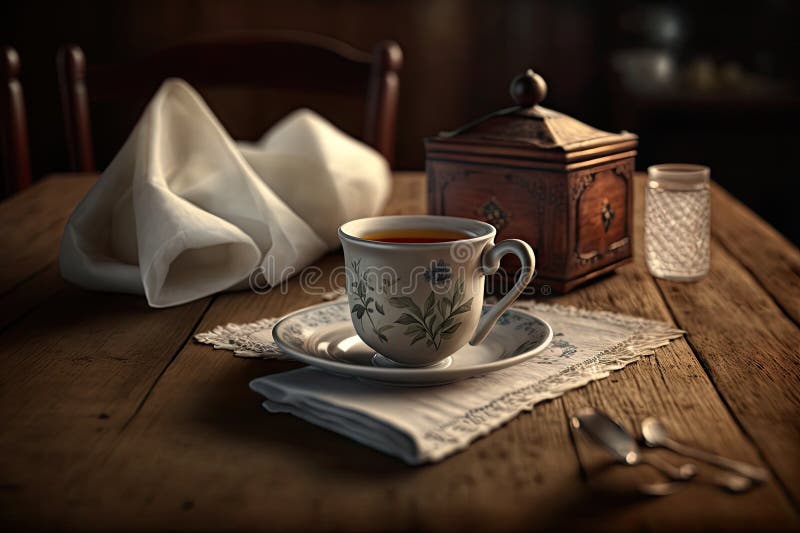 A Napkin on a Wooden Table, with an Old-fashioned Tea Set and Sugar ...