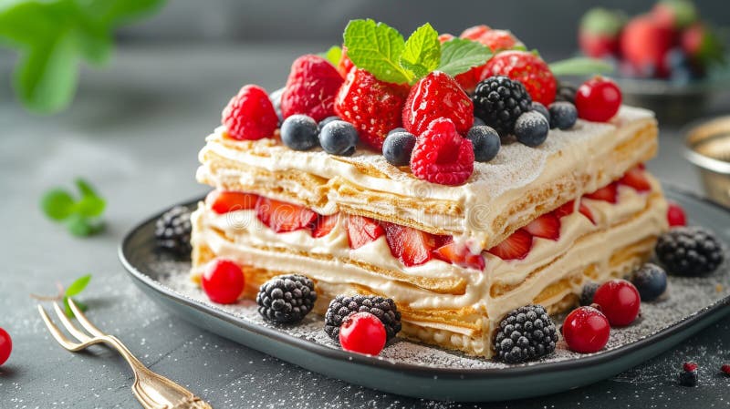 Napoleon Cake Decorated with Berries and Mint Stock Illustration ...