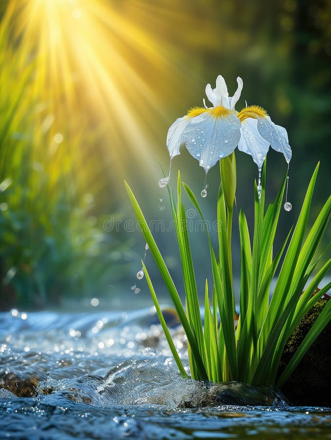 Narcissus Grows in Water. a Bubbling Spring Stream of Water. the Lights ...