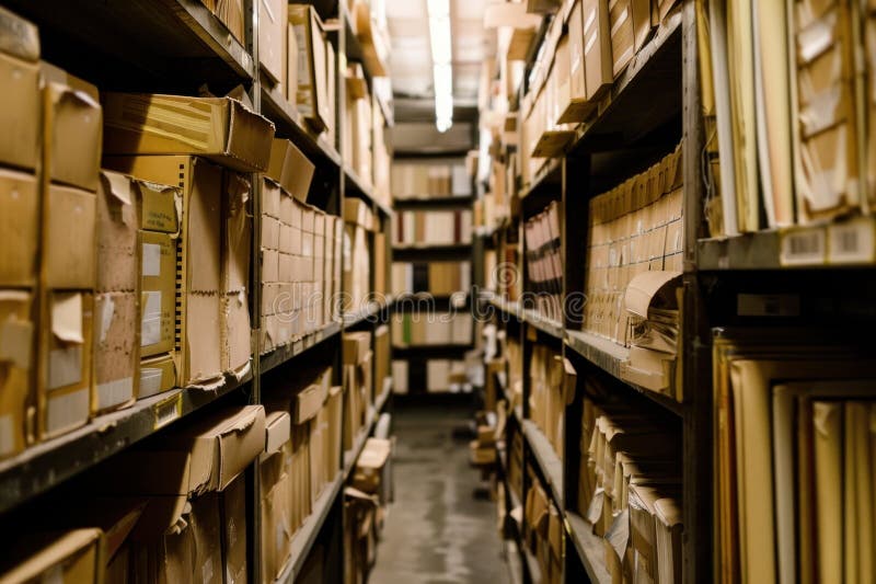 Narrow Aisle Stretching through Dusty Archives Full of Cardboard Boxes ...