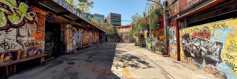 Narrow Alleyway with Graffiti on Both Sides and a Sunny Blue Sky ...