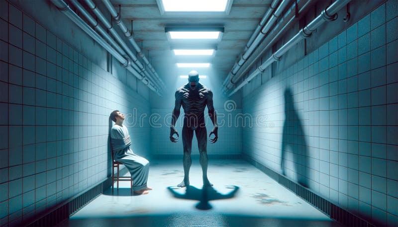 An in Straitjacket Confronted by Monster in Asylum Hallway Stock ...