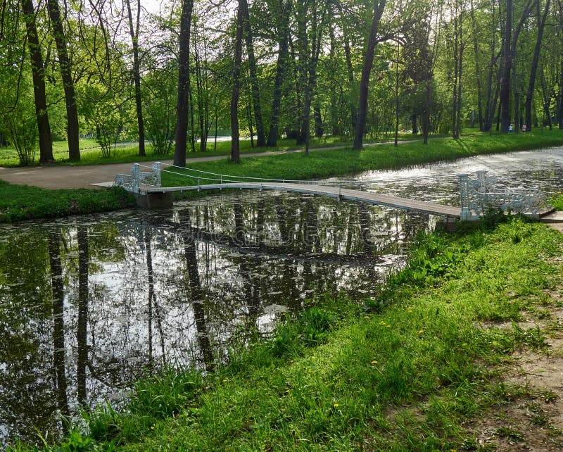Narrow Bridge Over the Canal among the Trees in the Park Stock Photo ...