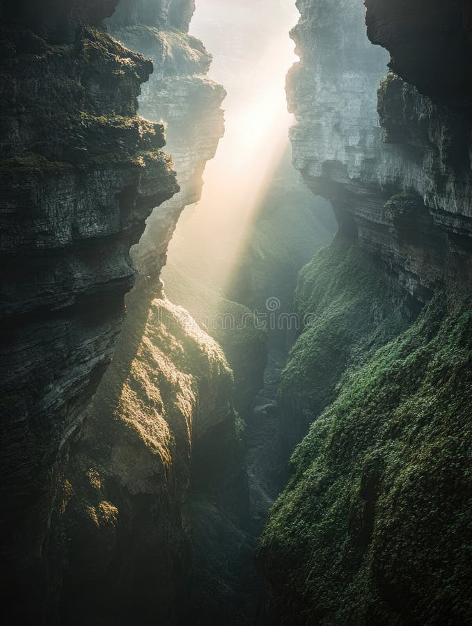 A Narrow Canyon with a Bright Sun Shining through the Trees Stock Photo ...