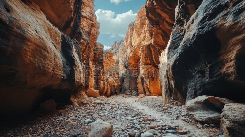 Narrow Canyon with Sunlight Illuminating the Path Stock Illustration ...