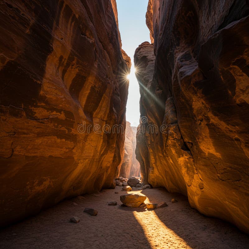 Narrow Canyon with Towering Sandstone Walls, Illuminated by the Sun ...