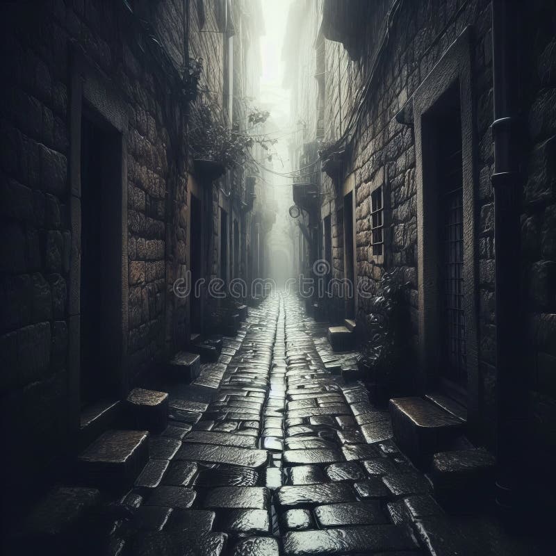 A Narrow Cobbled Lane the Silence Broken only by the Dripping O Stock ...