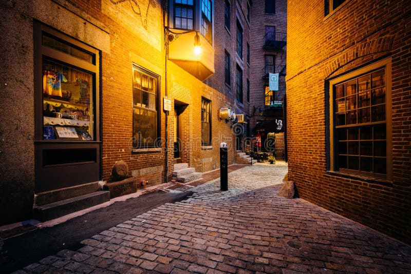 A Narrow Cobblestone Alley at Night, in Boston, Massachusetts ...