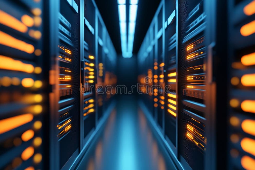 A Narrow Corridor within a Data Center Features Rows of Server Racks ...