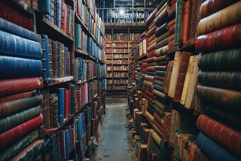 Narrow Corridor with Hundreds of Old Books Lined in Rows, Vintage ...