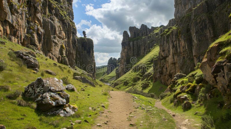A Narrow Dirt Path Leads through a Valley Filled with Towering Cliffs ...