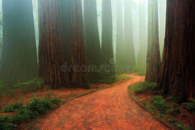 Narrow Forest Path among Trees in Misty Sequoia Forest Stock ...