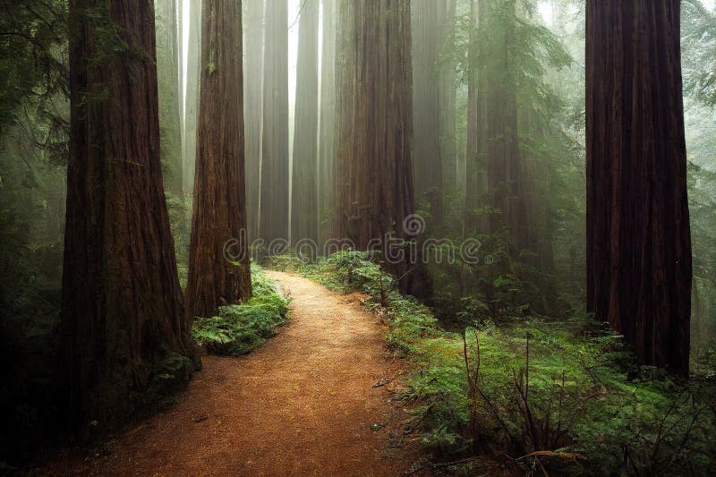 Narrow Forest Path among Trees in Misty Sequoia Forest Stock ...