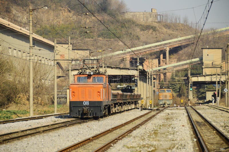 Cement Locomotive Rides on Track, White Cement Truck Carries Cement ...