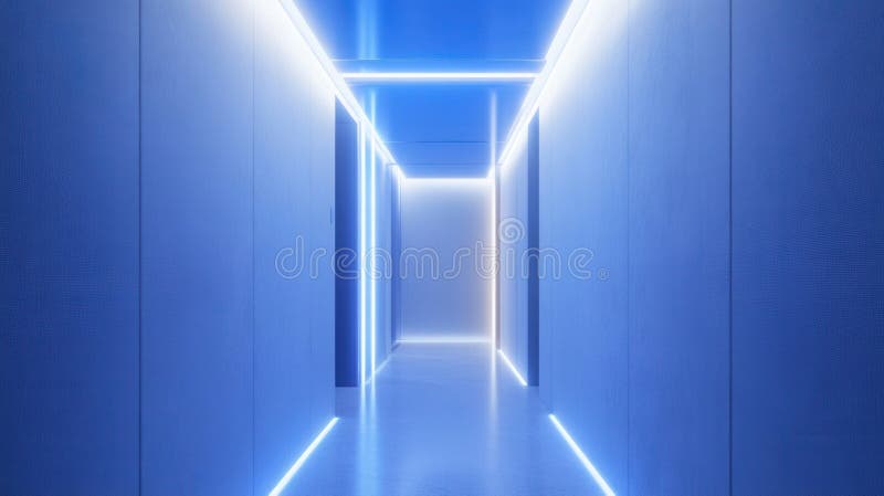 Narrow Hallway with Blue Ceiling and Bright White Lights Stock ...