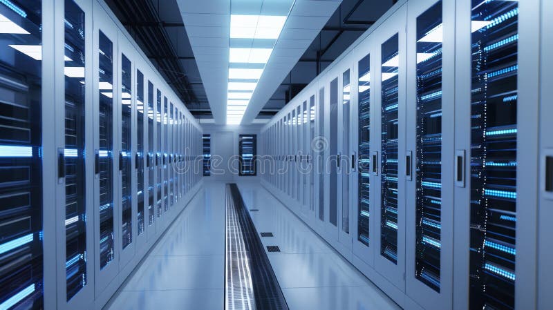 Narrow Hallway Lined with Rows of White Computer Servers Featuring Blue ...