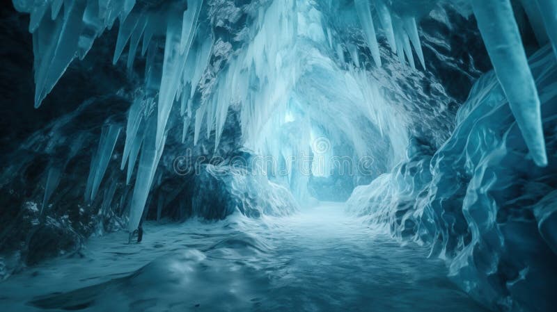 A Narrow Ice Cave Filled with Lots of Blue Ice Formations Stock ...