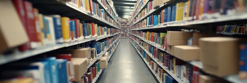 Narrow Library Aisle with Books and Cardboard Boxes Create Serpentine ...