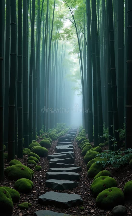 A Narrow Mountain Path Lined with Tall Bamboo on Both Sides Stock ...